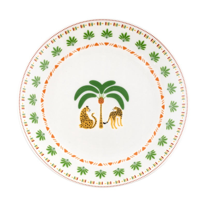 Complete servies set – dinerbord, ontbijtbord, & kom met palm design ...